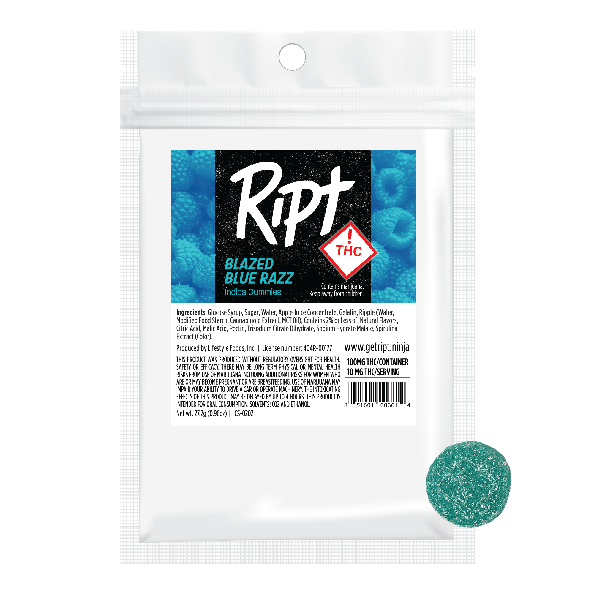 Ript Blazed Blue Razz Indica Gummy 100mg | Native Roots Cannabis