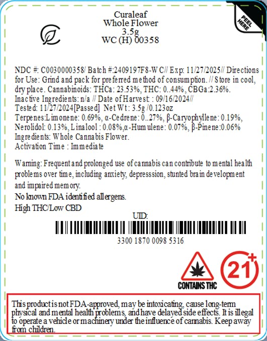 Curaleaf Whole Flower WC (H) 00358 | Curaleaf