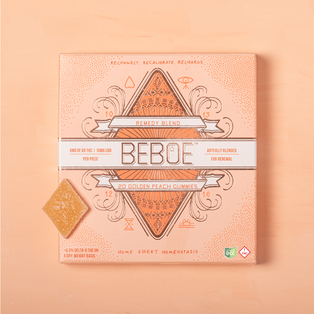 1:2 Golden Peach Gummies – 100mg THC + 200mg CBD 20pk Edibles | Beboe