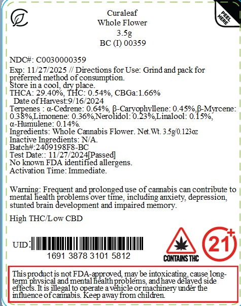 Curaleaf Whole Flower BC (I) 00359 | Curaleaf