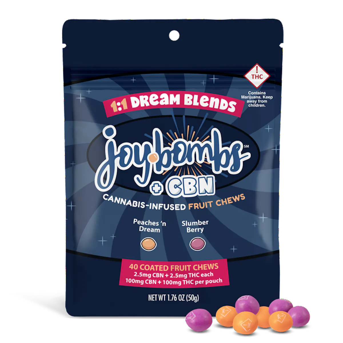 Joy Bombs 100mg 1:1 CBN:THC DREAM BLENDS Candy-Coated Fruit Chews 40pk ...