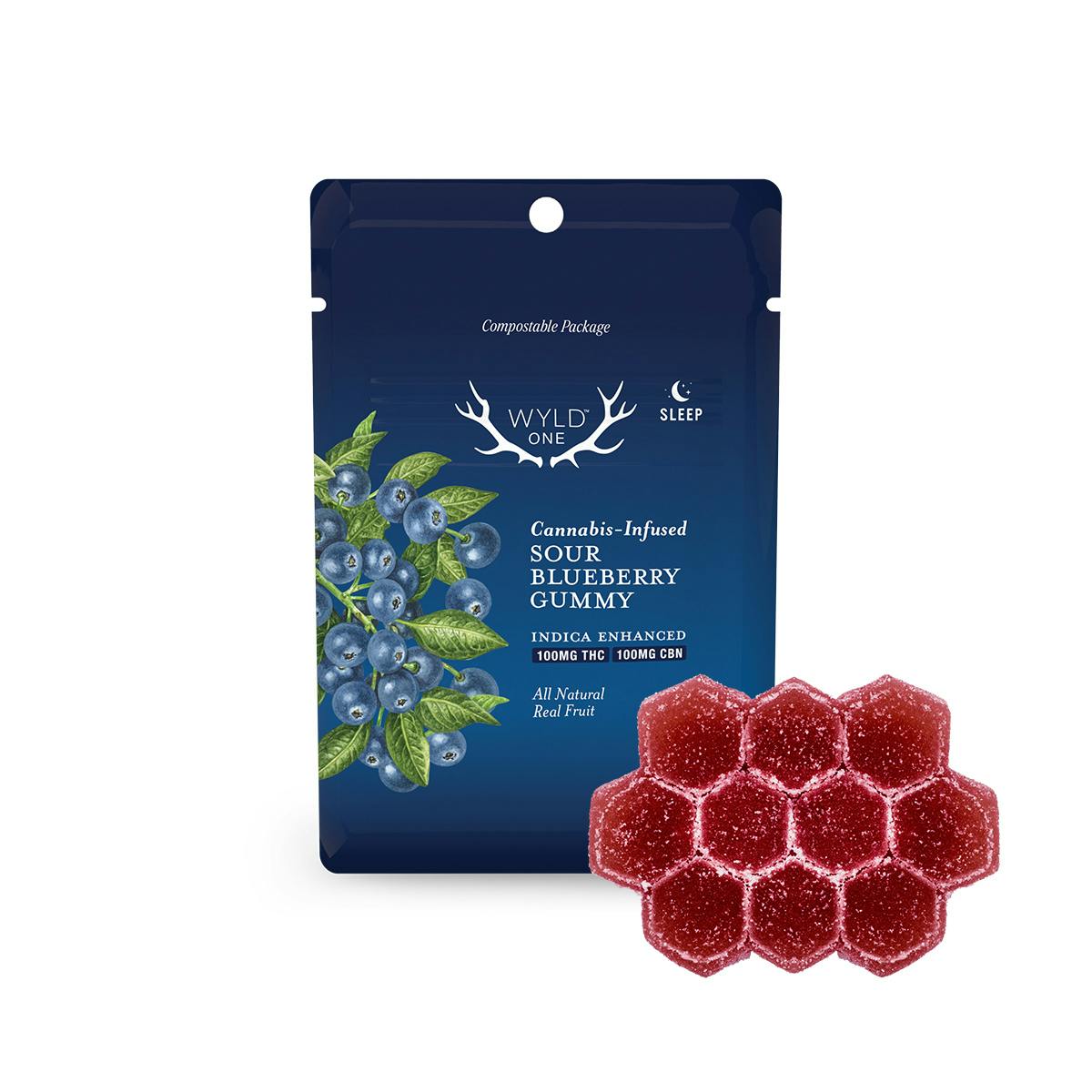 Wyld One 1:1 THC:CBN 100mg SOUR BLUEBERRY Indica Single Gummy 20g ...