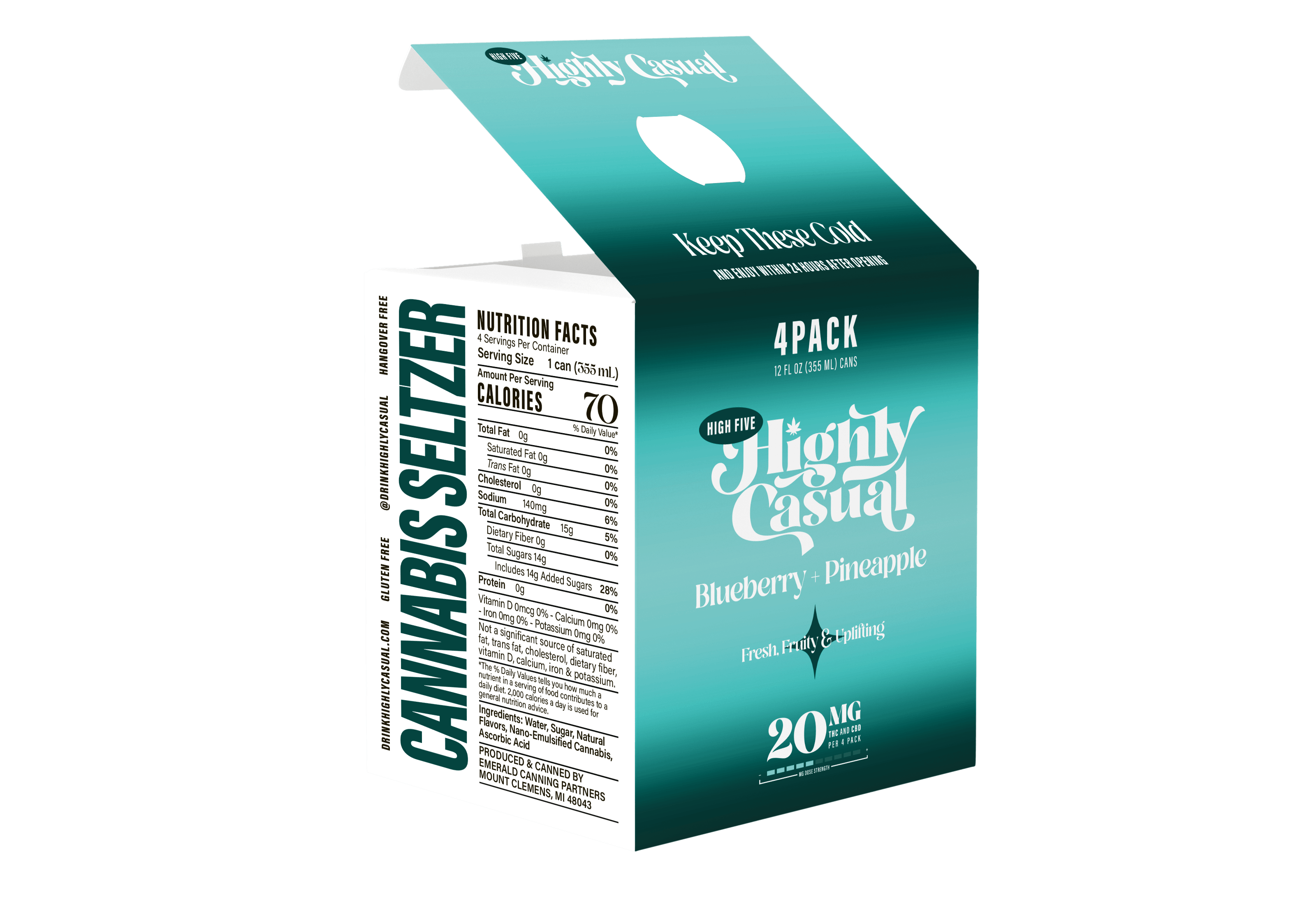 High Five | Blueberry + Pineapple Seltzer 1:1 THC:CBD 4pk | 20mg:20mg ...