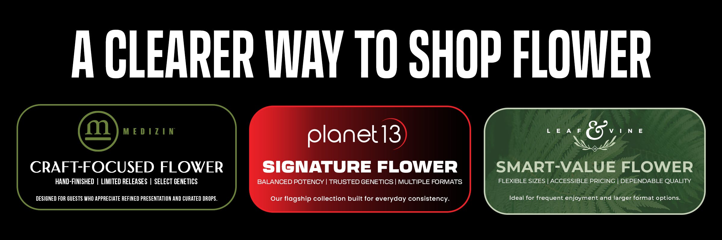 "A CLEARER WAY TO SHOP FLOWER" featuring three distinct cannabis brand ...