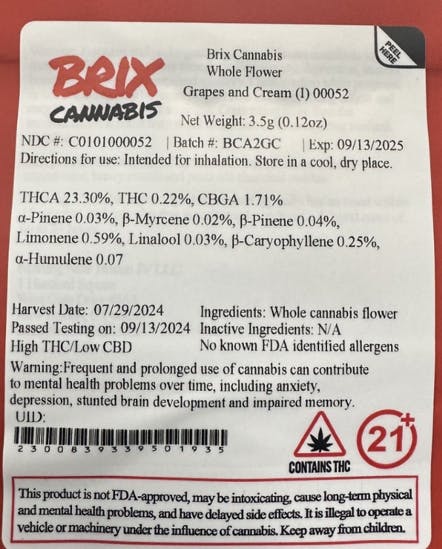 Brix Cannabis Whole Flower Grapes and Cream (I) 00052 | Curaleaf