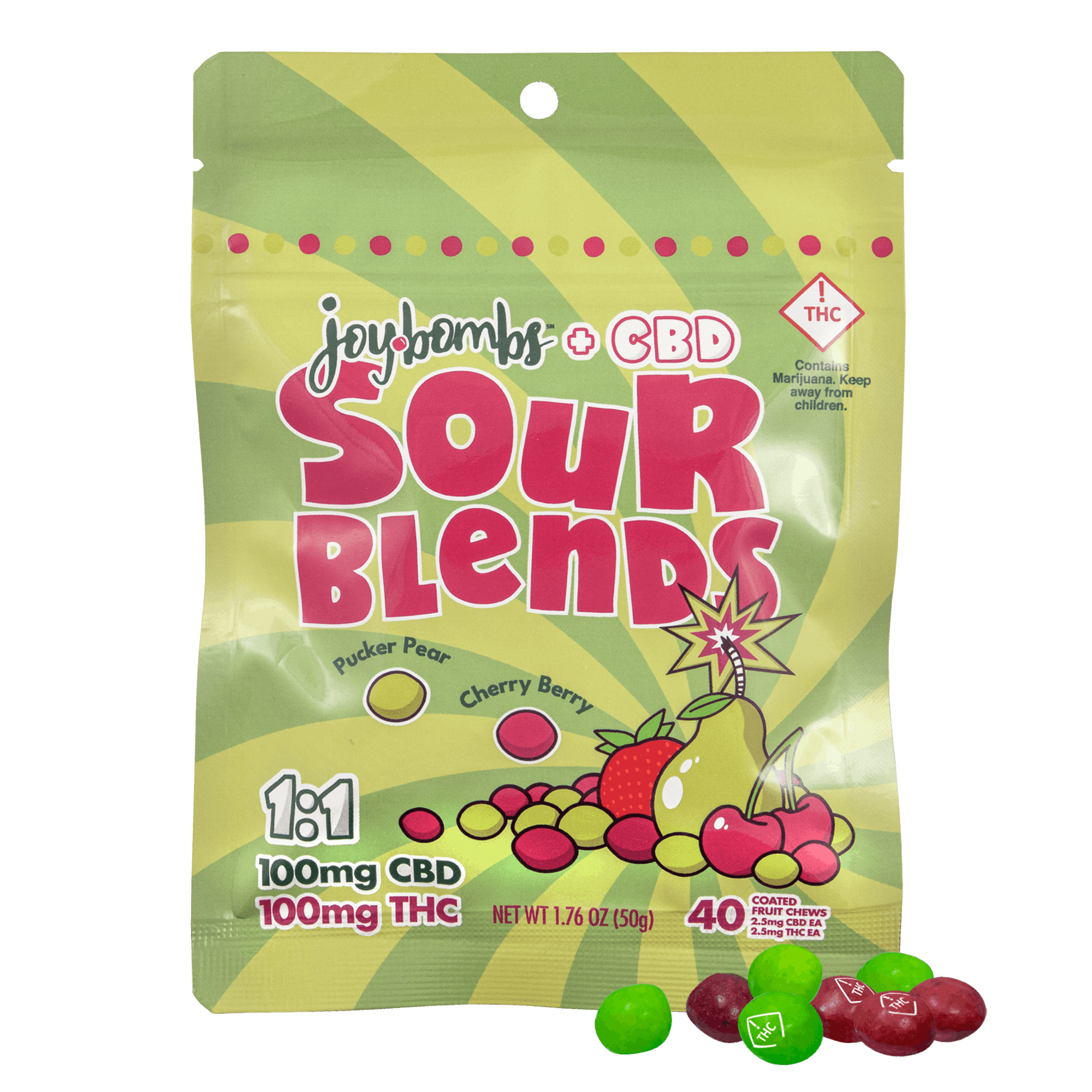Joy Bombs Sour Blend Chew 1:1 100mg CBD/100mg THC | Native Roots Cannabis