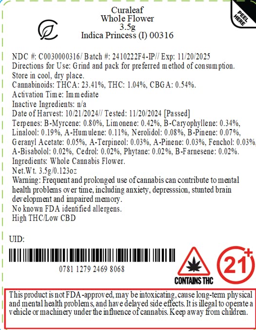 Curaleaf Whole Flower Indica Princess (I) 00316 | Curaleaf