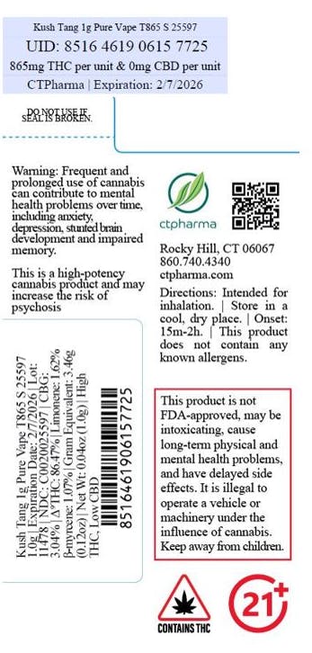 Pure Kush Tang Cartridge 1g (25597) | Curaleaf