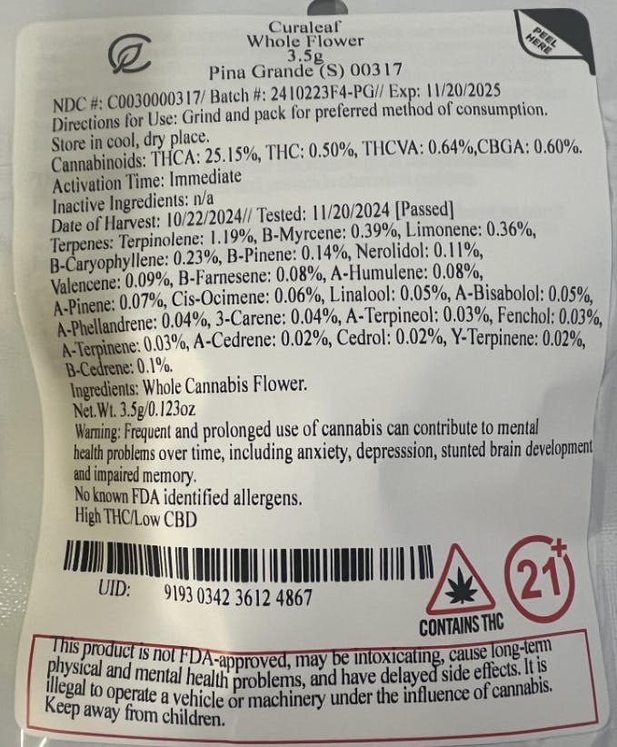 Curaleaf Whole Flower Pina Grande (S) 00317 | Curaleaf